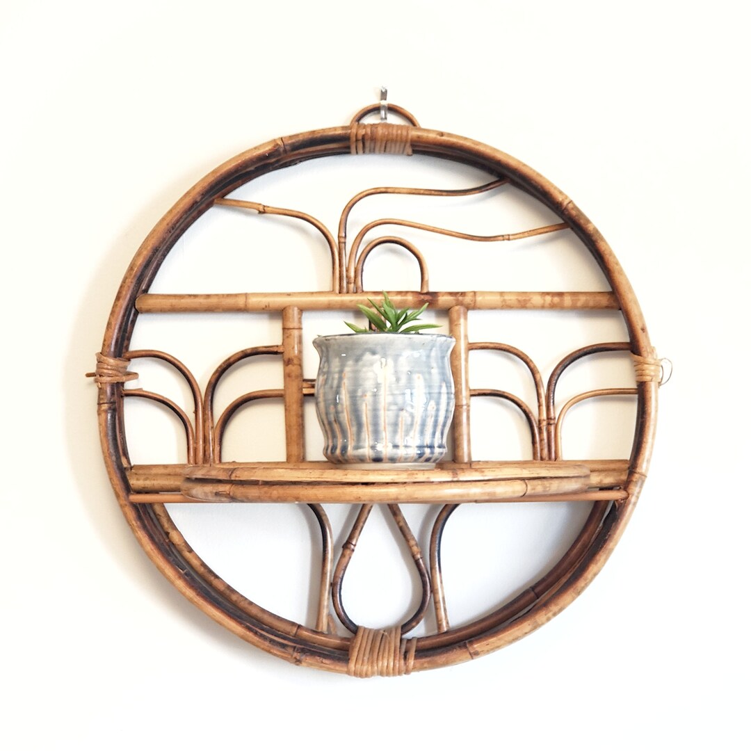 Vintage Bamboo Round Folding Wall Hanging Decorative Shelf, Mid Century ...