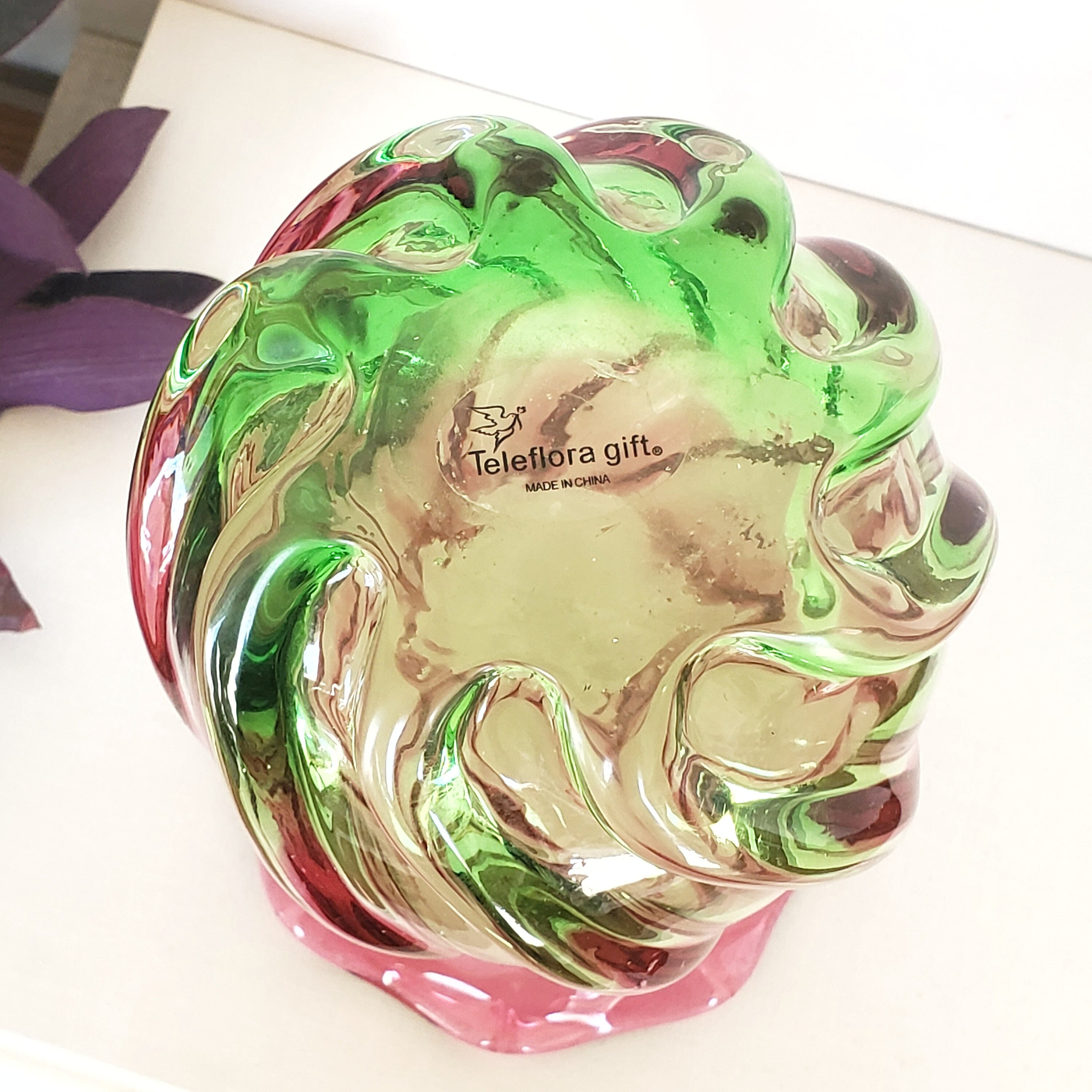 Vintage Teleflora Watermelon Ribbed and Twisted Glass Vase With Ruffled ...