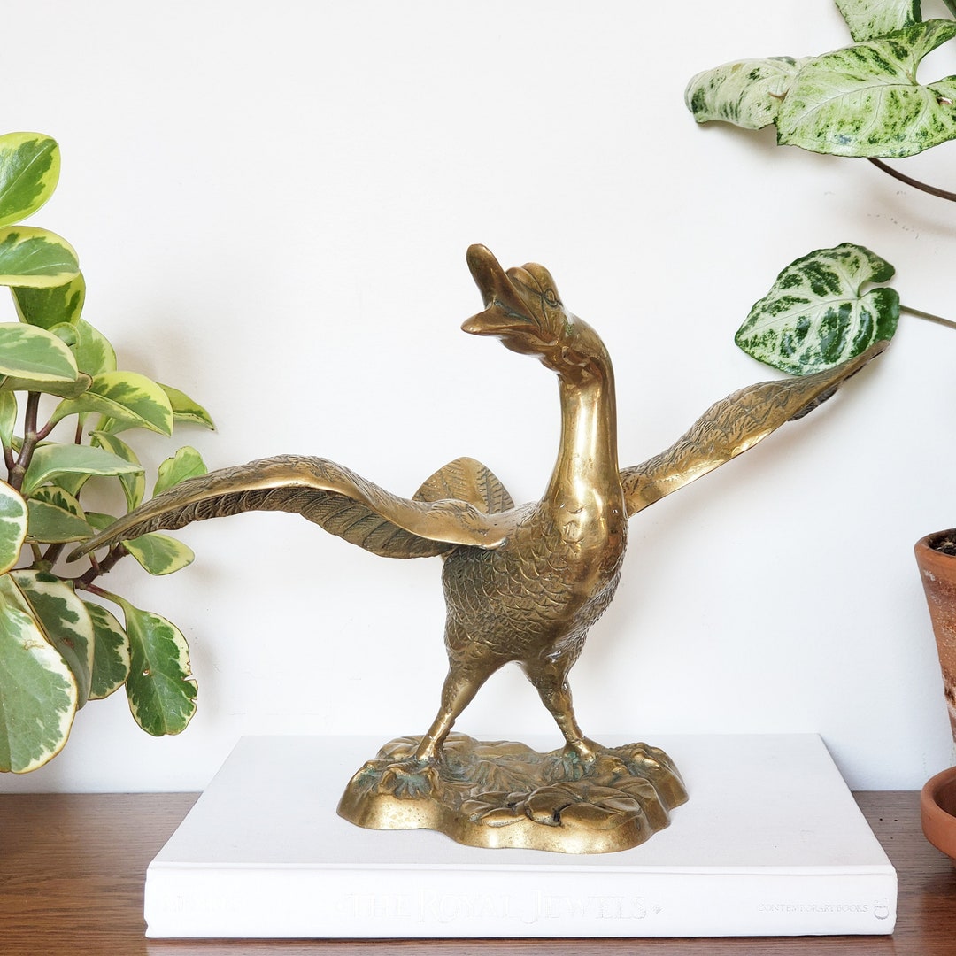 Large Brass Hissing Goose Standing on Lily Pads, Spread Wings, MCM ...