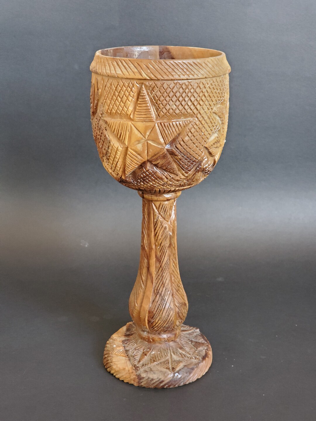 Carved Wood Goblet With Bethlehem Star and Palm Leaves, Olive Wood ...