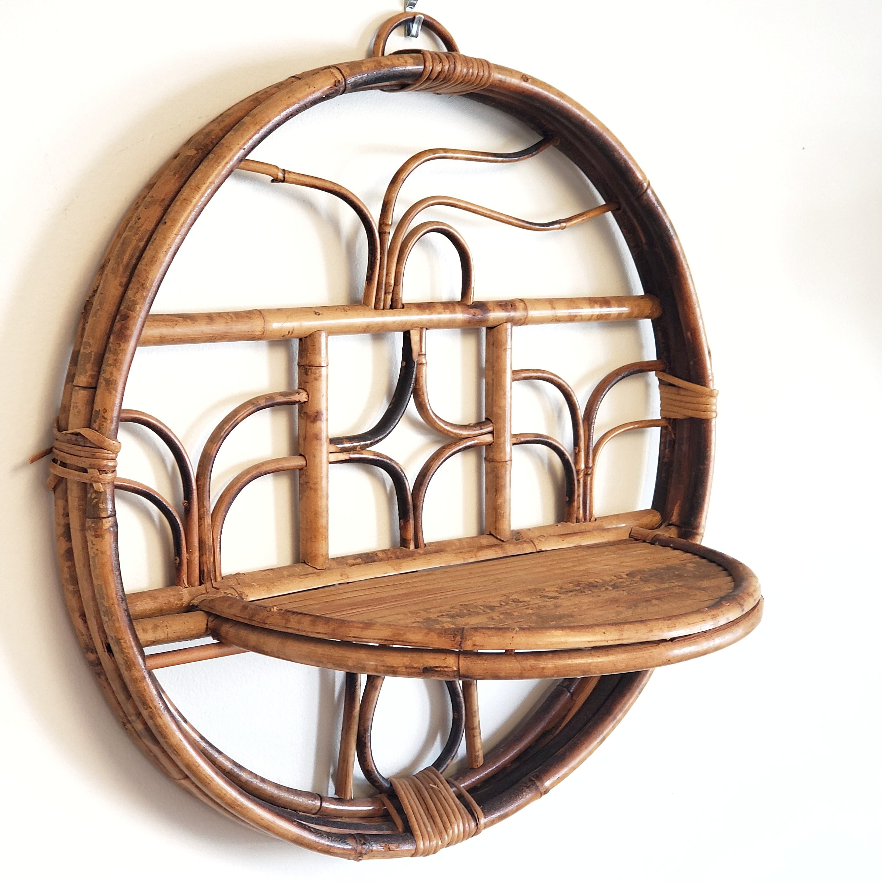 Vintage Bamboo Round Folding Wall Hanging Decorative Shelf, Mid Century ...