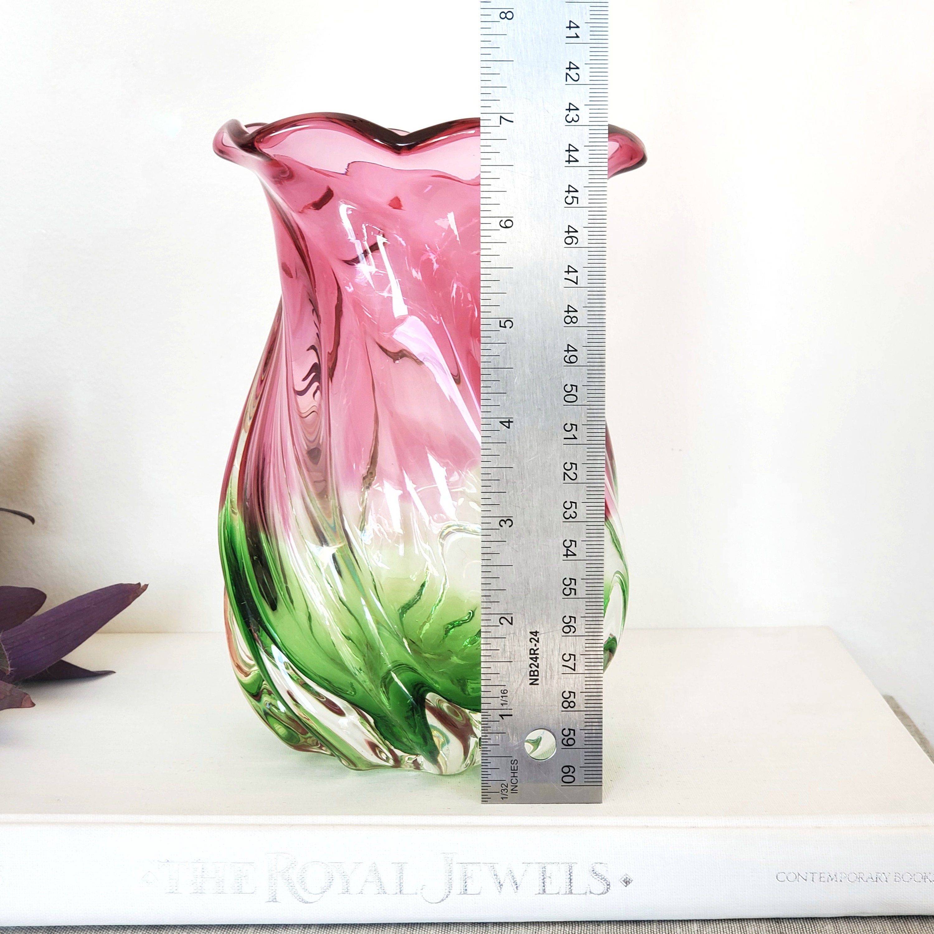 Vintage Teleflora Watermelon Ribbed and Twisted Glass Vase With Ruffled ...
