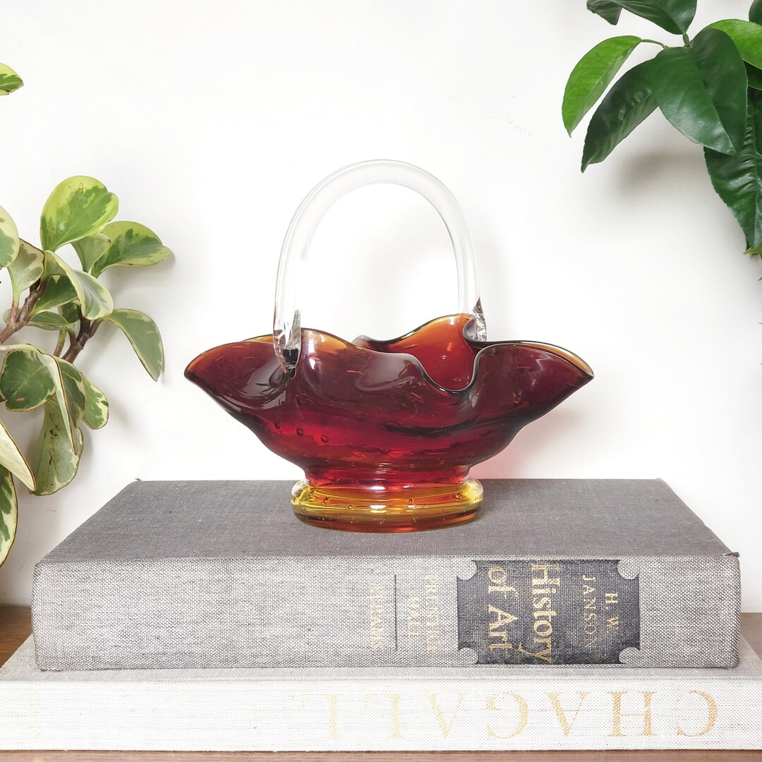 Amberina Glass Basket Vase or Candy Dish, Red, Yellow and Clear Glass ...