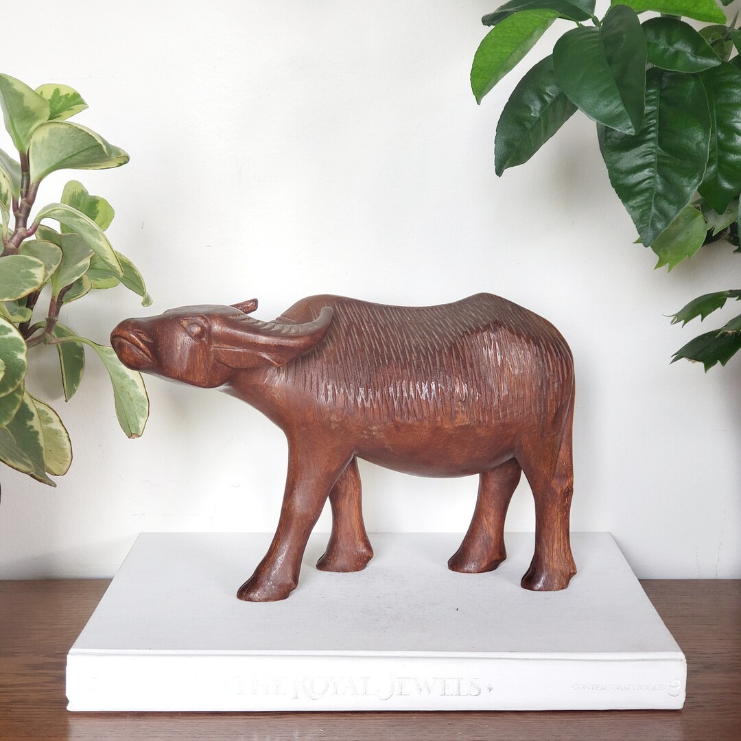 Carved Wood Bull Figurine, Hand Made Water Buffalo Sculpture, Animal ...