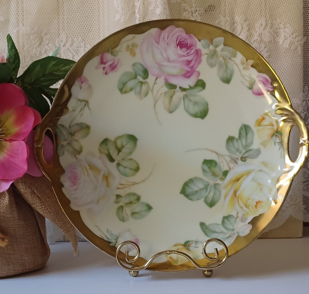Antique PT Bavaria Plate With Handles Rose Motif Hand Painted Porcelain ...