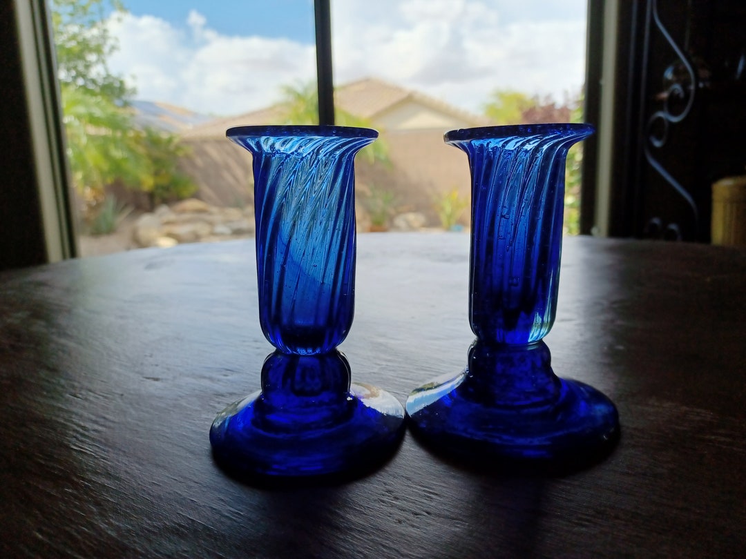 Cobalt Blue Candle Holders Swirl Design Vintage Blown Glass 4.5" Tall 3 ...