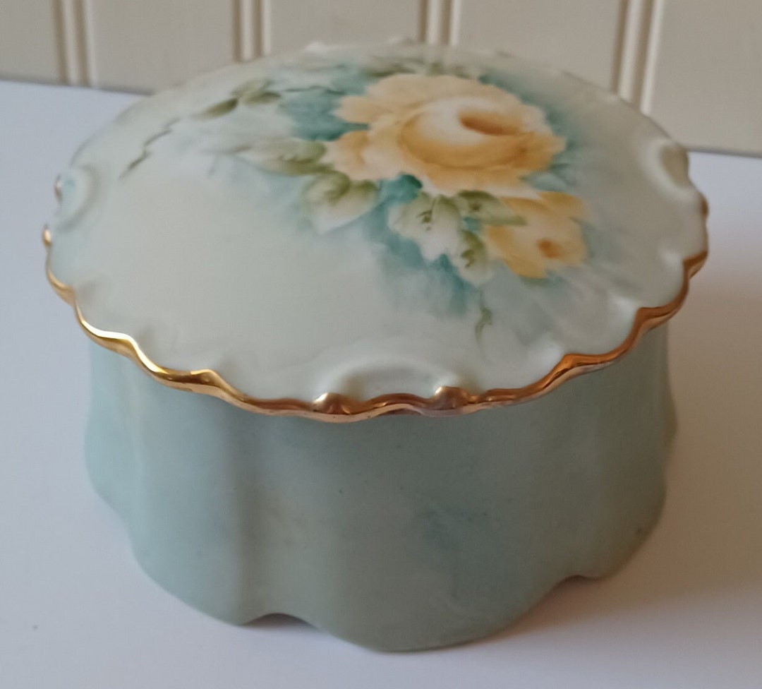 Vintage Trinket Dish Bavarian Style Unmarked Signed Green With Yellow ...