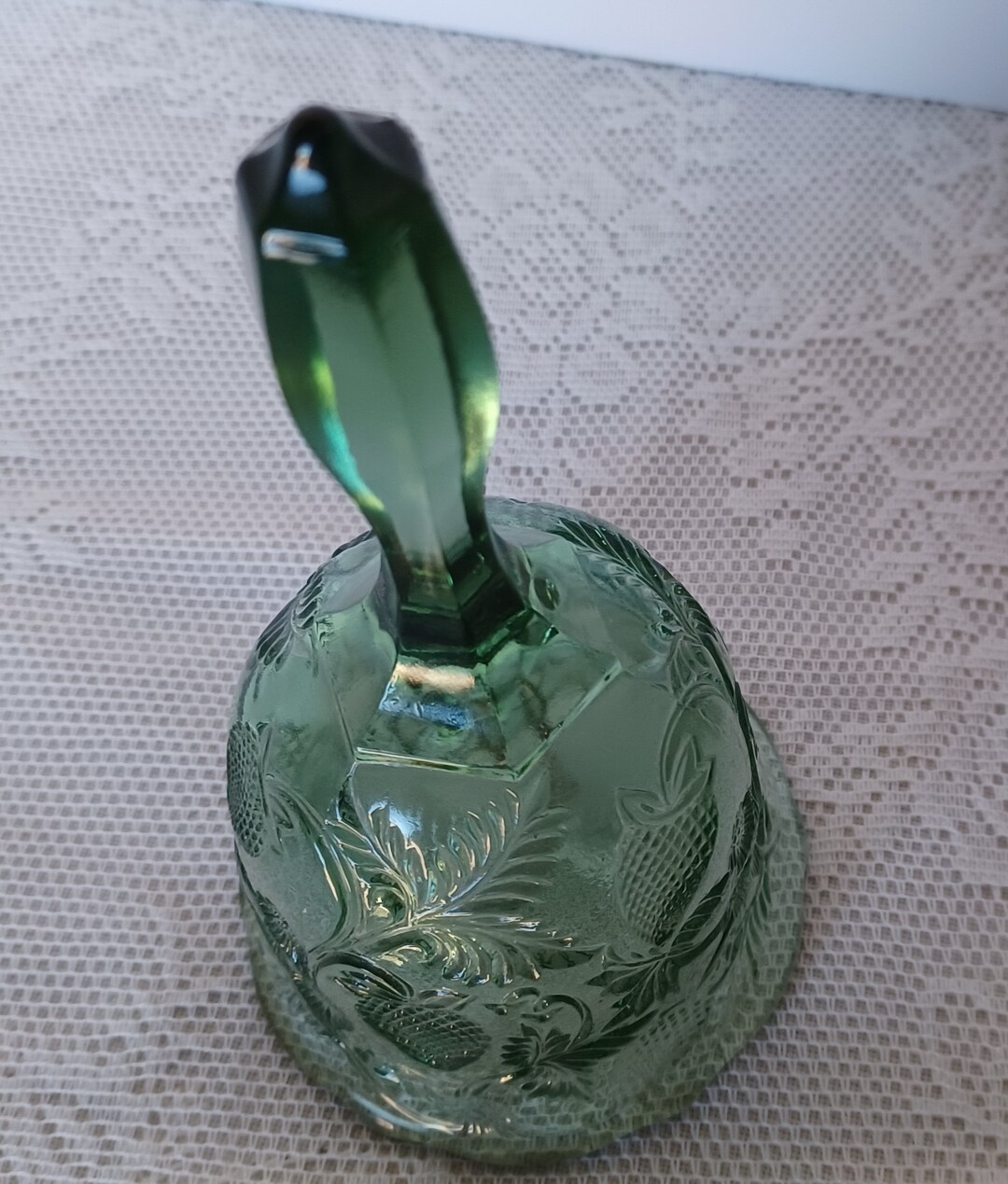 Fenton Green Glass Bell Etched Strawberry Pattern Vintage Glass Clapper ...