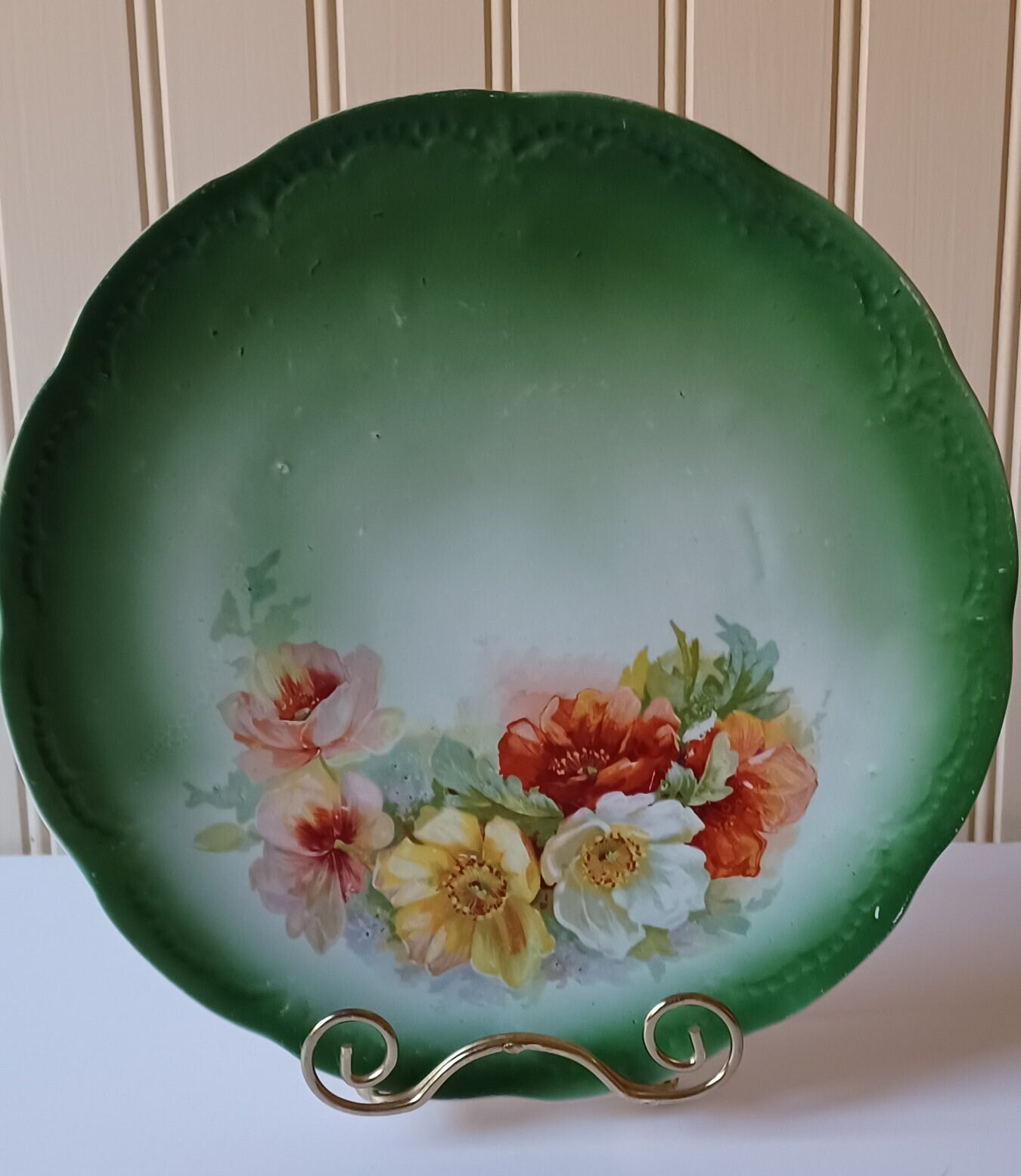 Antique TST Plate Green With Floral Pattern Hand Painted Ca - Etsy