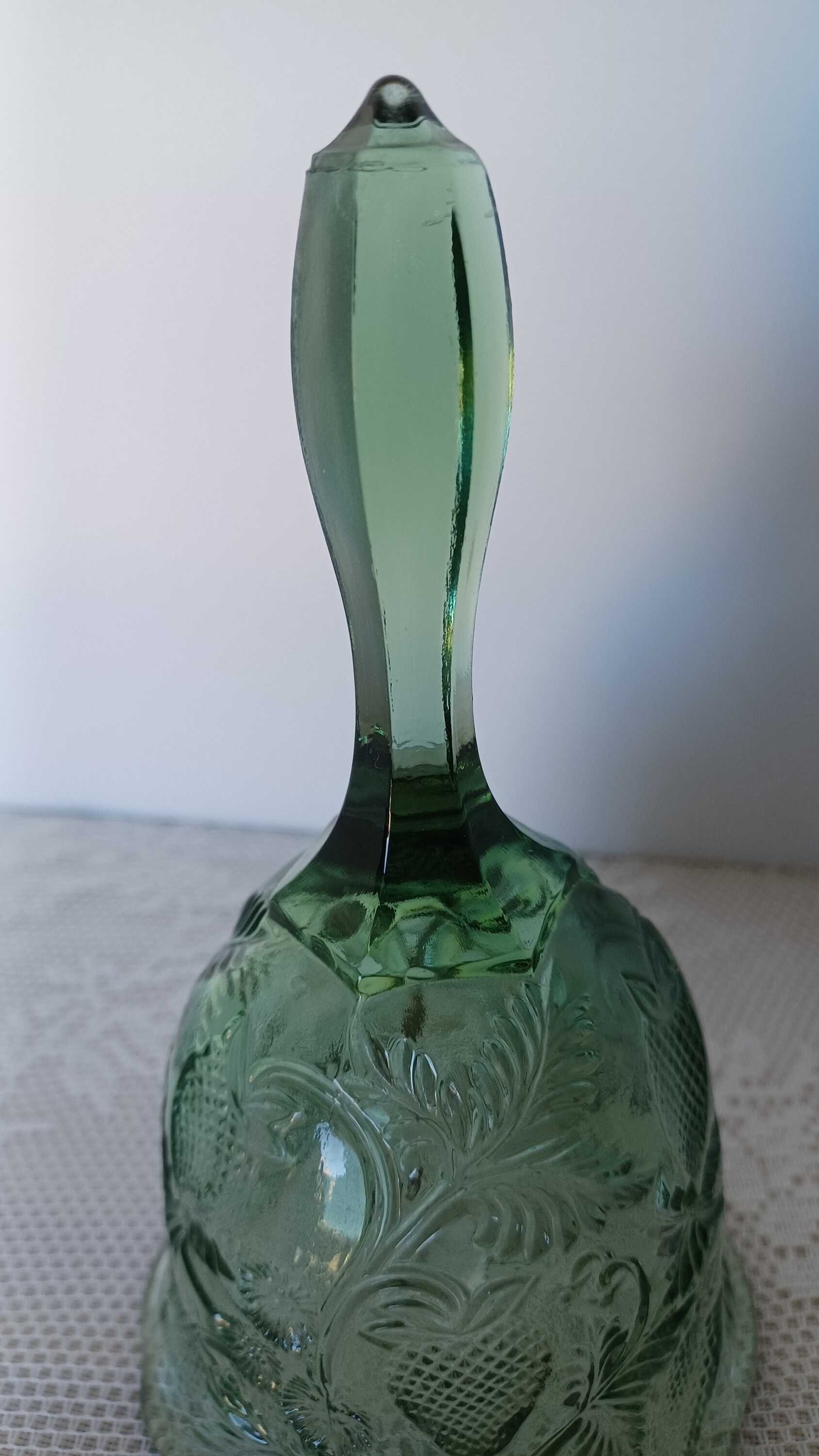 Fenton Green Glass Bell Etched Strawberry Pattern Vintage Glass Clapper ...