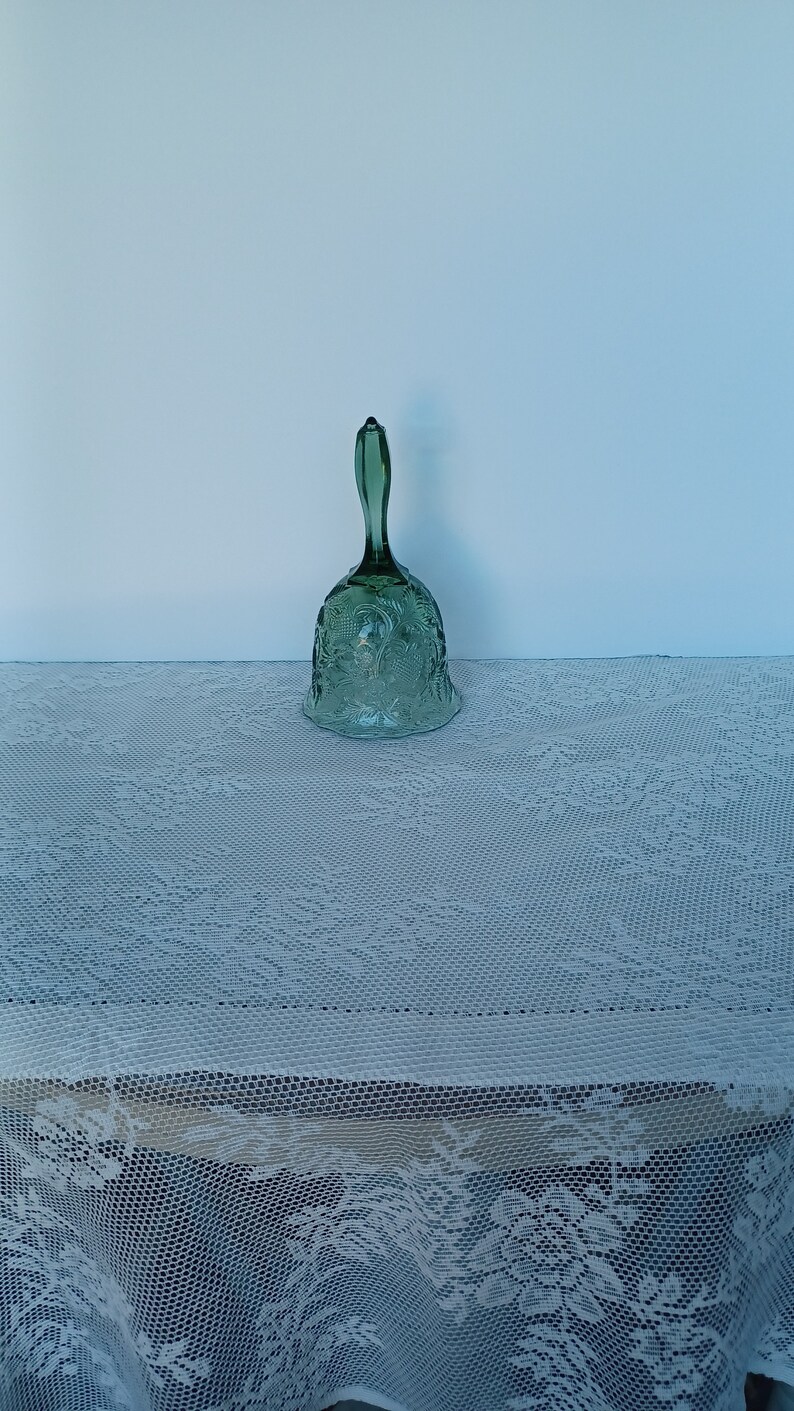 Fenton Green Glass Bell Etched Strawberry Pattern Vintage Glass Clapper ...