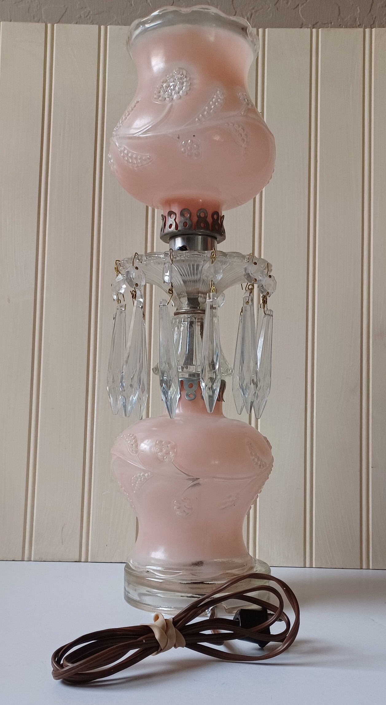 Pink Boudoir Lamp With Glass Prisms Frosted Rose Pink Glass Vintage Victorian Hurricane Style ...