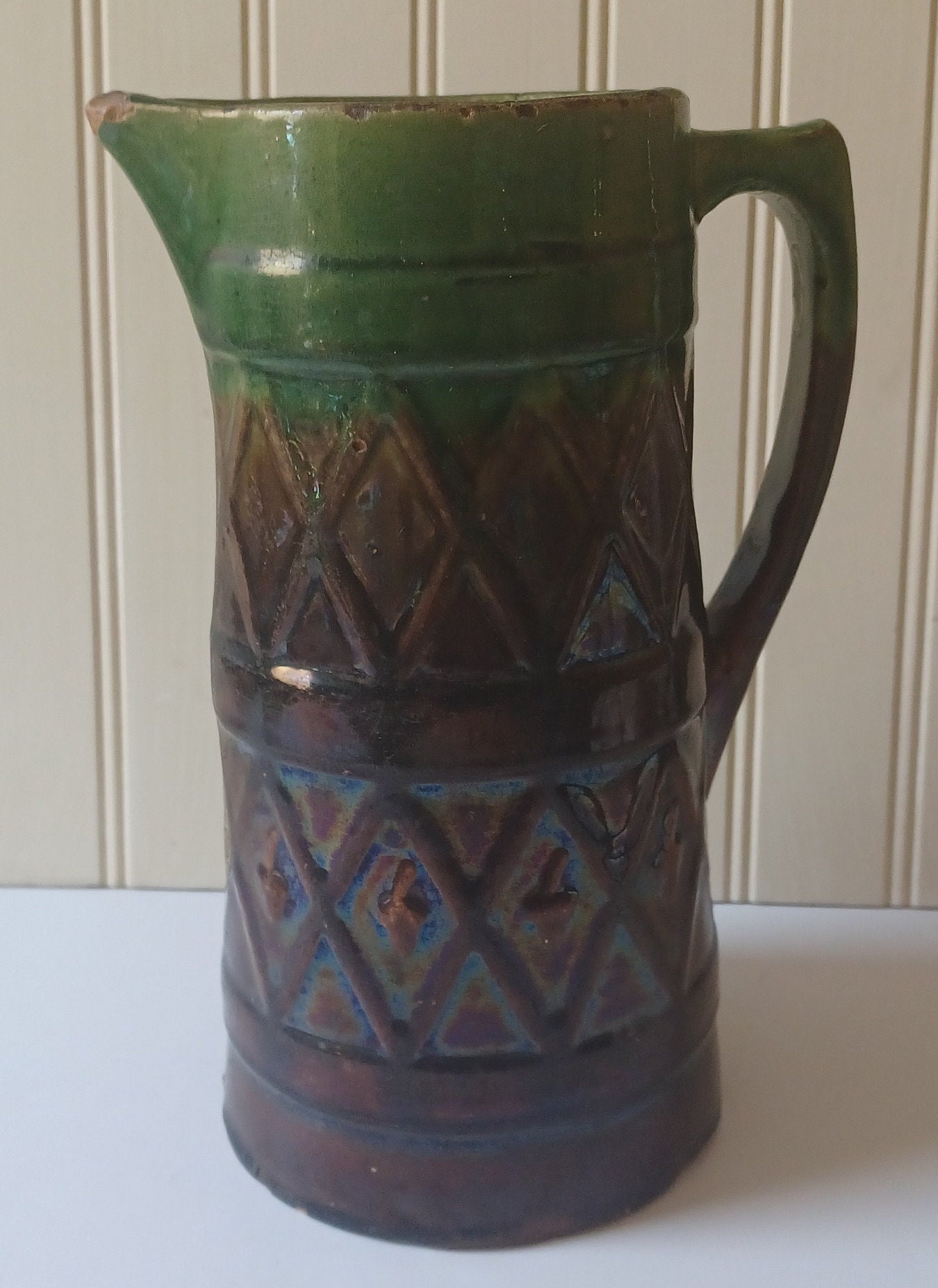 Mccoy Pottery Pitcher, Unmarked, Diamond and Acorn Pattern Rustic ...