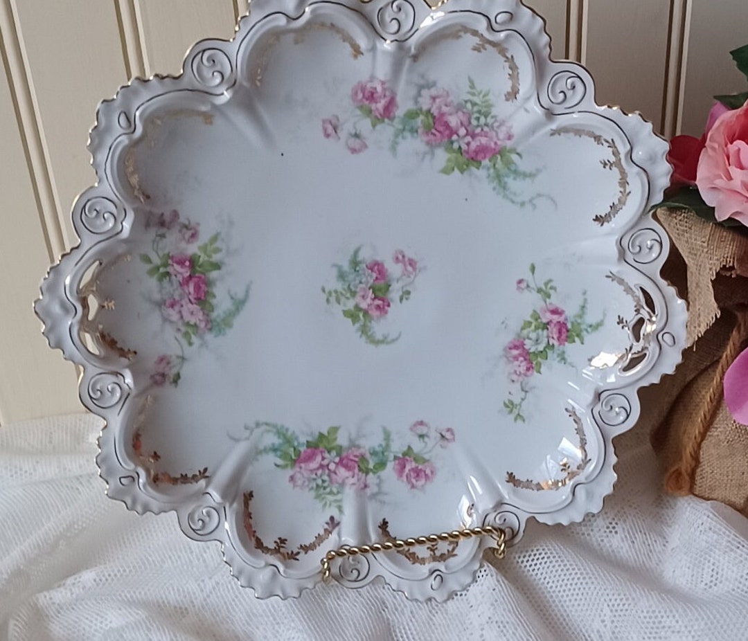 Vintage Cake Plate Pink Cabbage Roses Motif Hand Painted Porcelain ...
