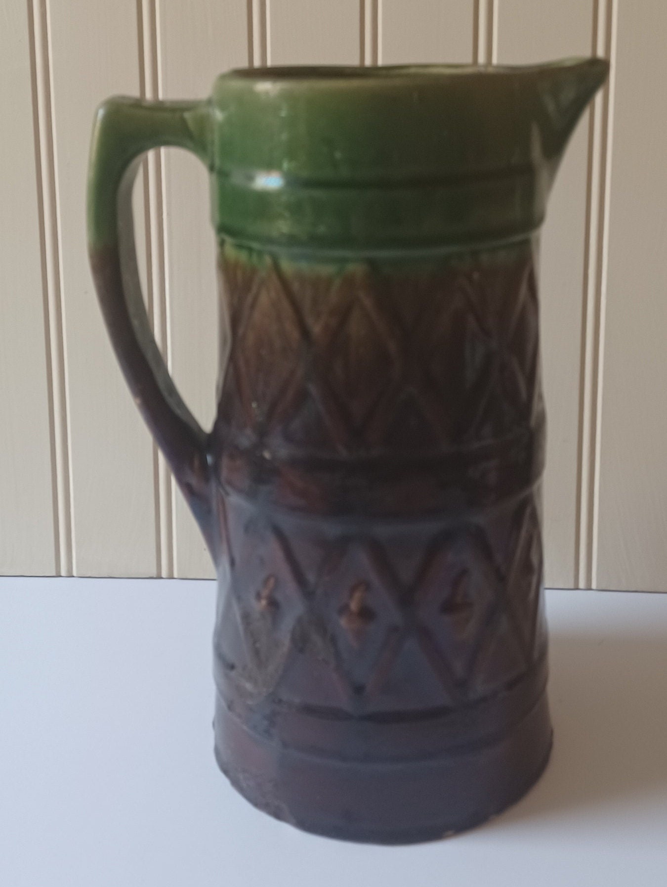 Mccoy Pottery Pitcher, Unmarked, Diamond and Acorn Pattern Rustic ...