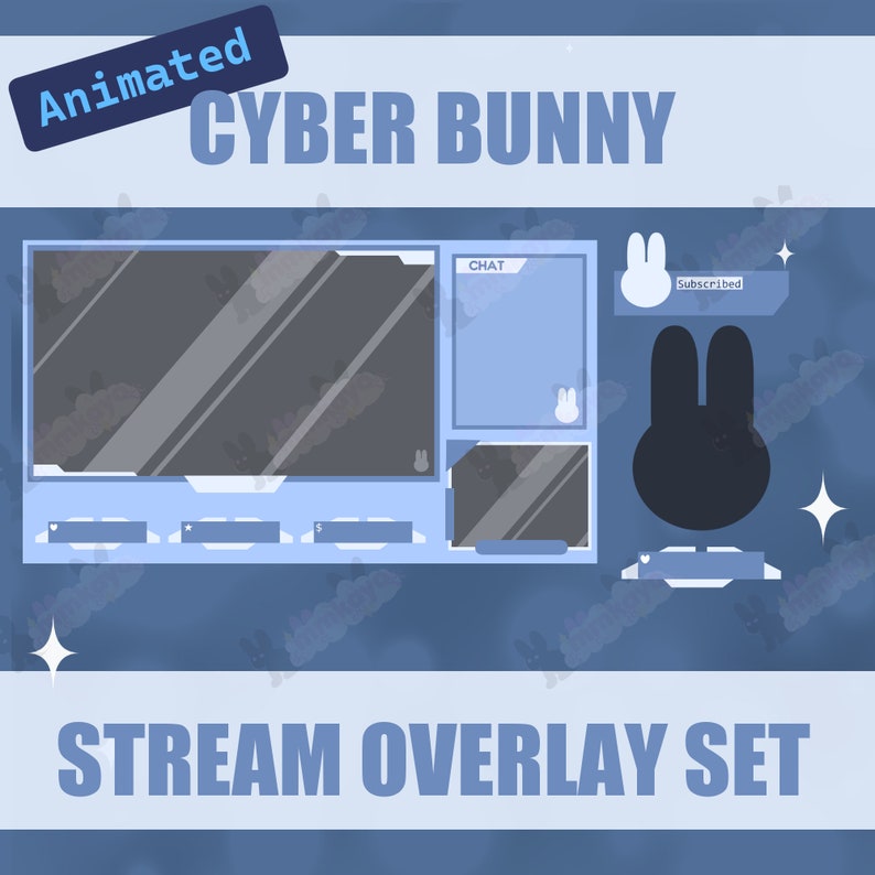 Animate Cyber Bunny Overlay Stream Set (blue/ Cute / Twitch Stream ...