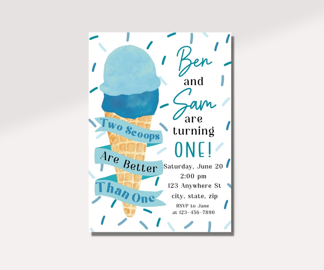 Two Scoops Are Better Than One, Boy Boy Twins Birthday Invitation, Ice Cream Theme Birthday ...