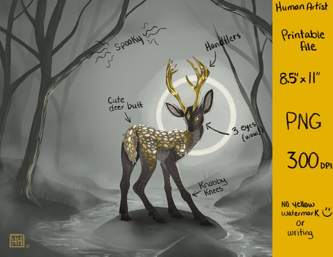 Creepy Deer Fawn Dark Forest Foggy With a Halo Printable, Golden ...