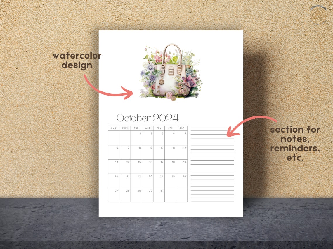 PRINTABLE 2024 Monthly Calendar Handbags Watercolor Illustrations PDF ...