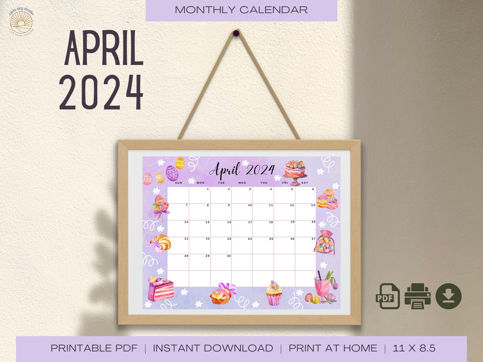 Printable April 2024 Calendar, Sweet Pastries Calendar, Monthly ...