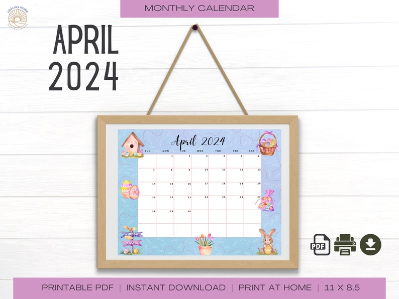 Printable April 2024 Calendar, Easter Calendar, Monthly Calendar 11 X 8 ...