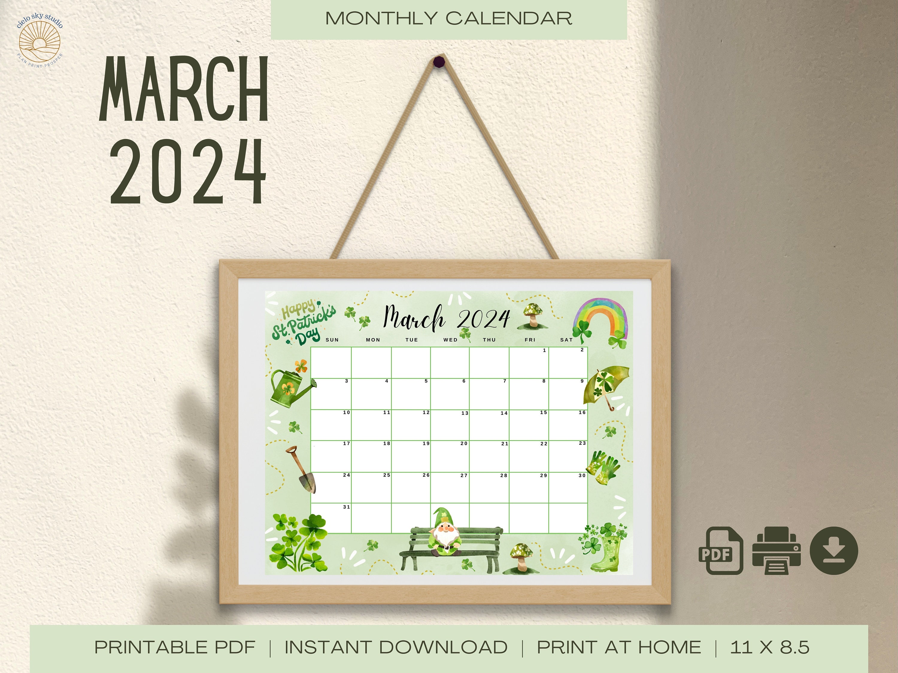 Printable March 2024 Calendar, Garden Gnome Calendar, Monthly Calendar ...