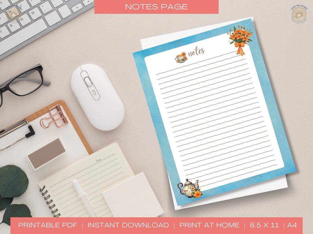 Printable Notes Page, Writing Page, Check List 11 X 8.5 A4 PDF Instant ...
