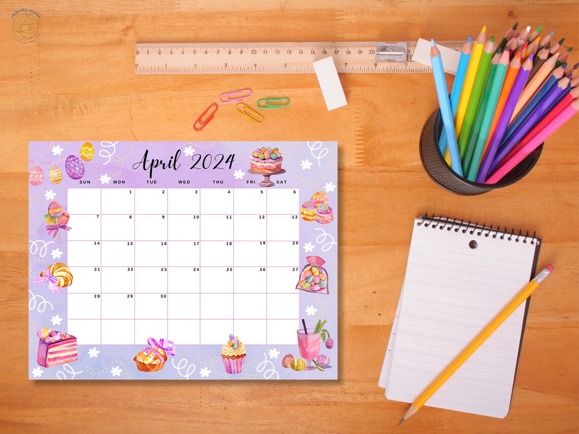 Printable April 2024 Calendar, Sweet Pastries Calendar, Monthly ...