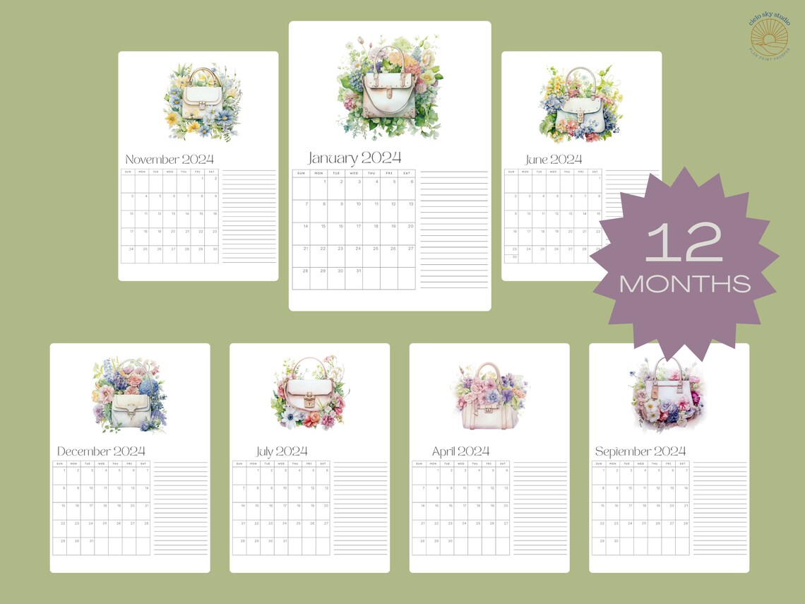 PRINTABLE 2024 Monthly Calendar Handbags Watercolor Illustrations PDF ...