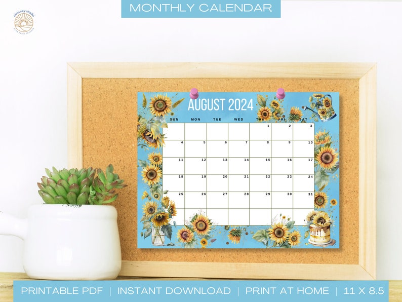 Printable August 2024 Calendar, Sunflower Calendar, Monthly Calendar 11 ...