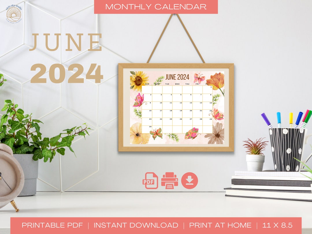Printable June 2024 Calendar, Butterfly Calendar, Monthly Calendar 11 X ...