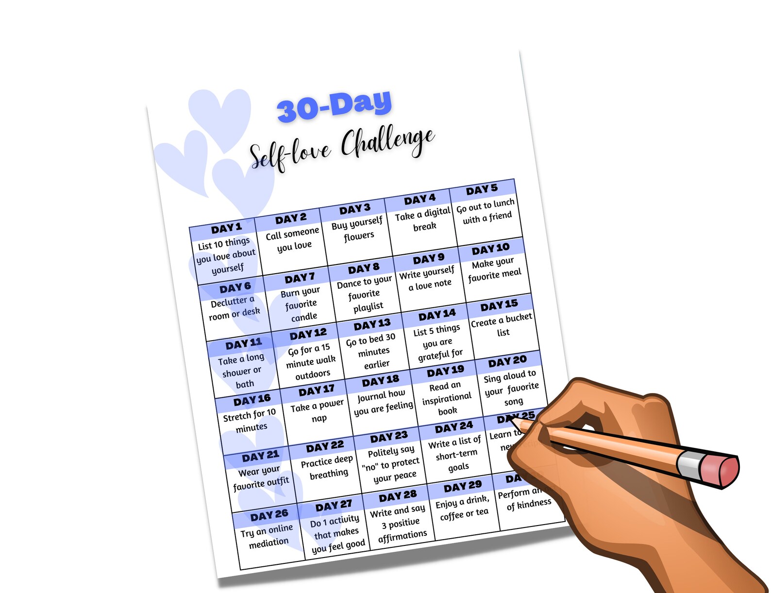 30 Day Self Love Challenge Printable - Etsy