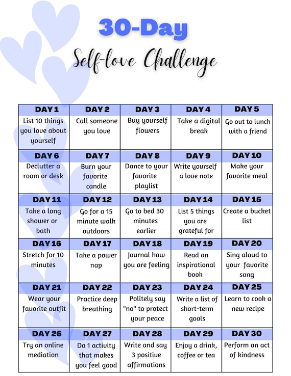 30 Day Self Love Challenge Printable - Etsy