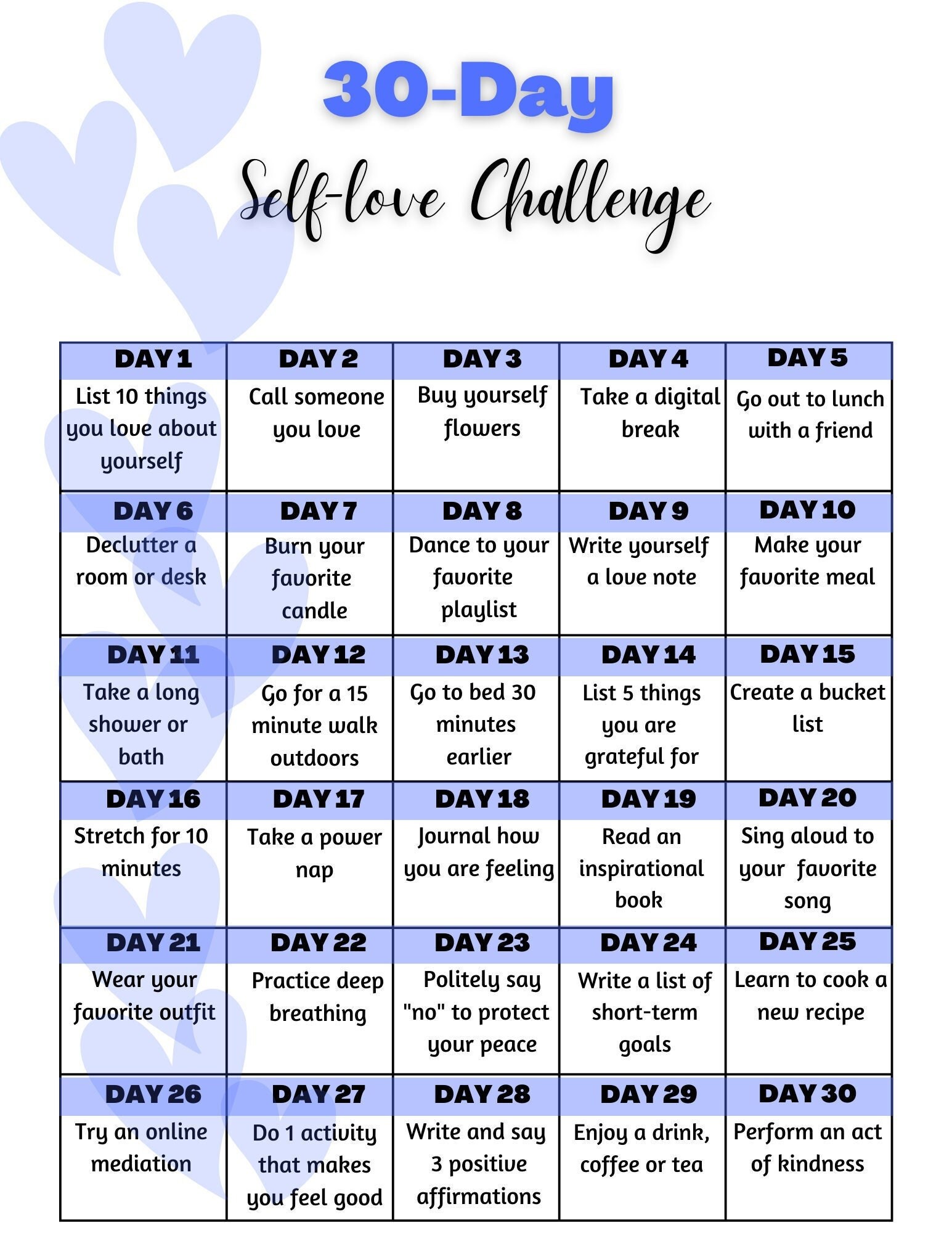 30 Day Self Love Challenge Printable - Etsy