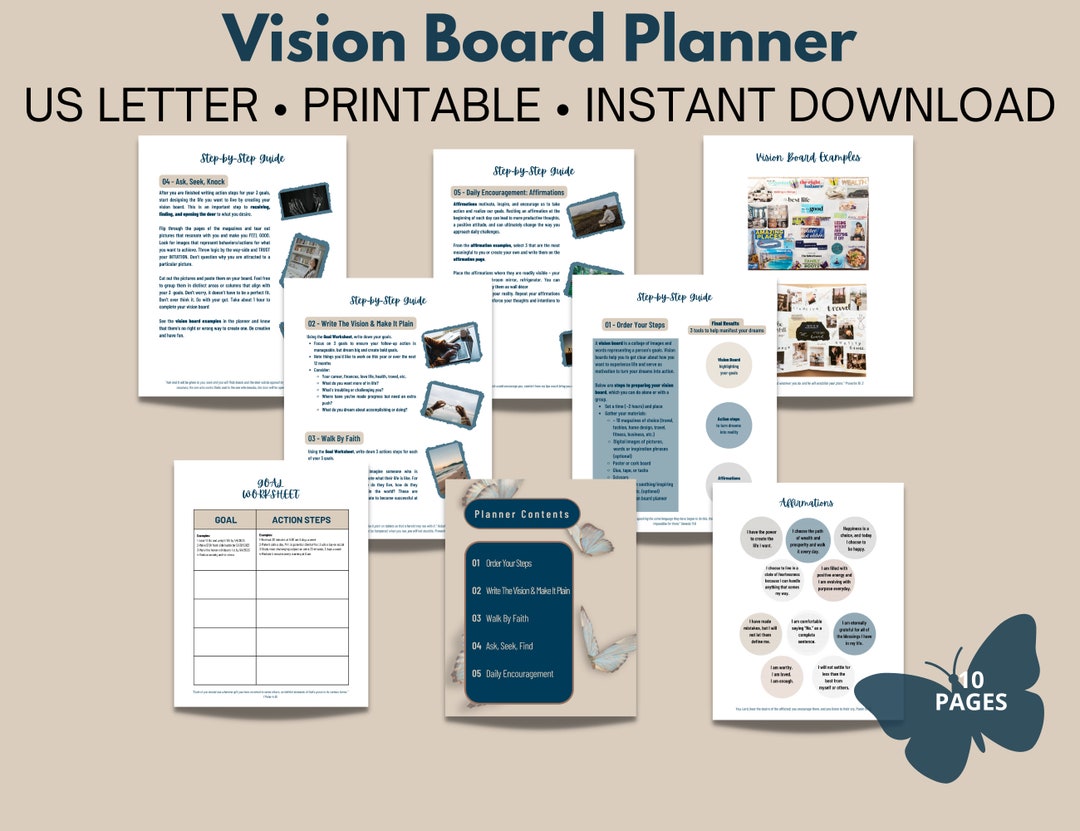 Vision Board Planner | Goal Worksheet | Action Plan | Affirmations ...