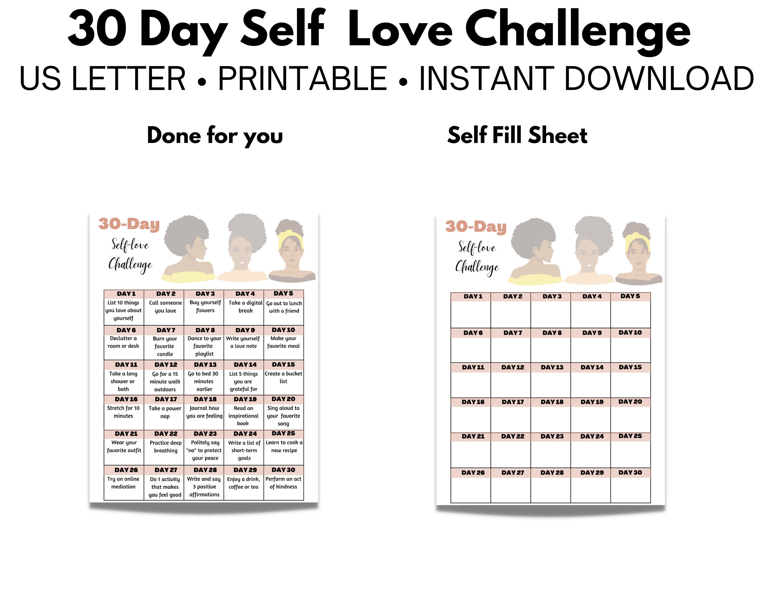 30 Day Self Love Challenge Printable Self Care Wellness Monthly Planner