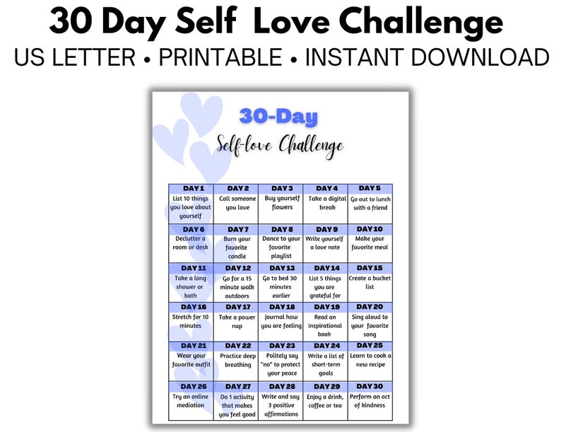 30 Day Self Love Challenge Printable - Etsy