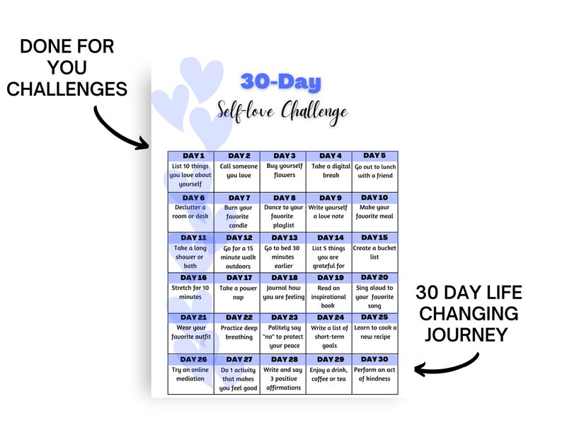 30 Day Self Love Challenge Printable - Etsy