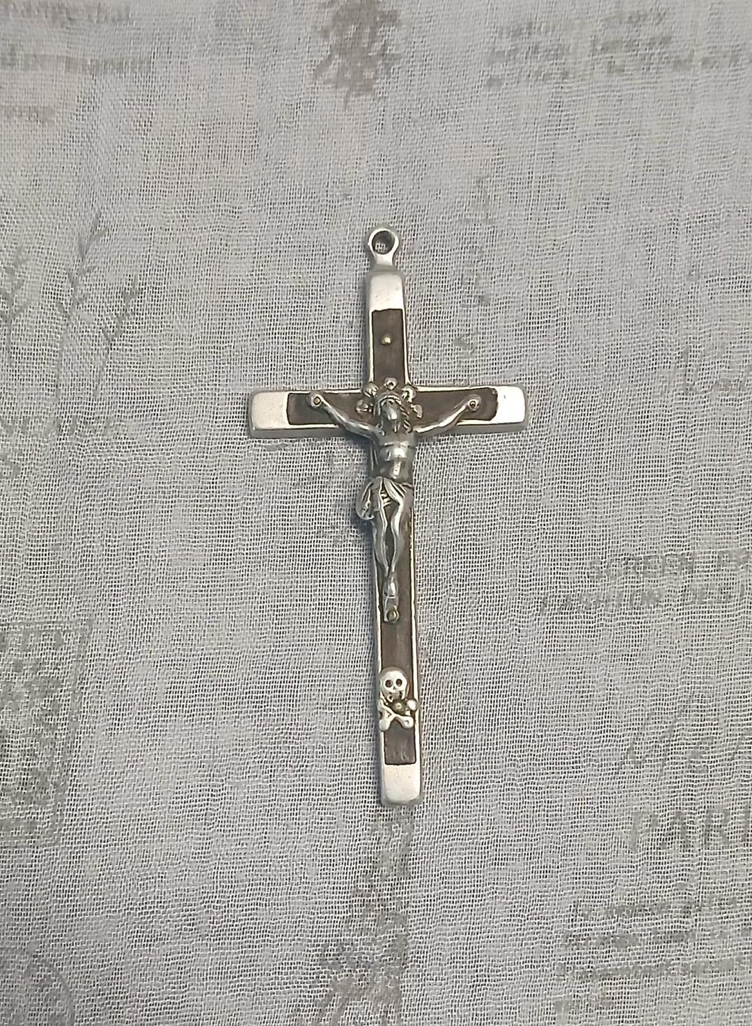 Vintage Pectoral Crucifix Silver Tone Metal and Wood Inlay With Skull ...