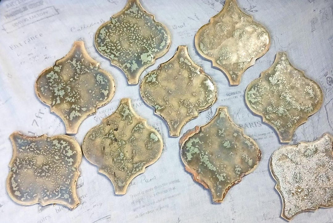 Nine Arabesque Shaped Ceramic Tiles ~ Reclaimed ~ Rustic Green and Tan ...