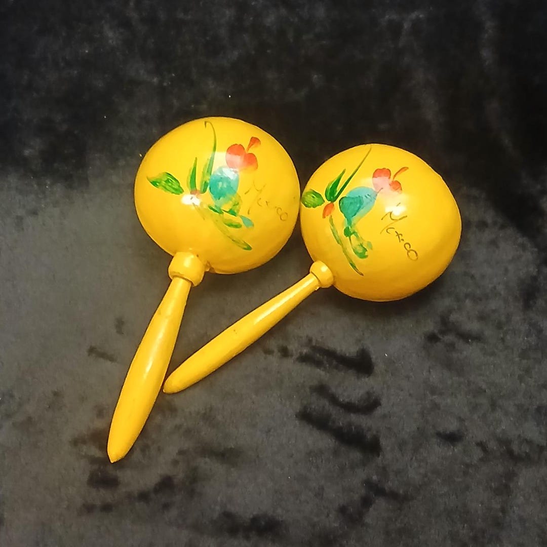 Vintage Real Gourd Maracas, Souvenir of Mexico ~ Yellow With Hand ...
