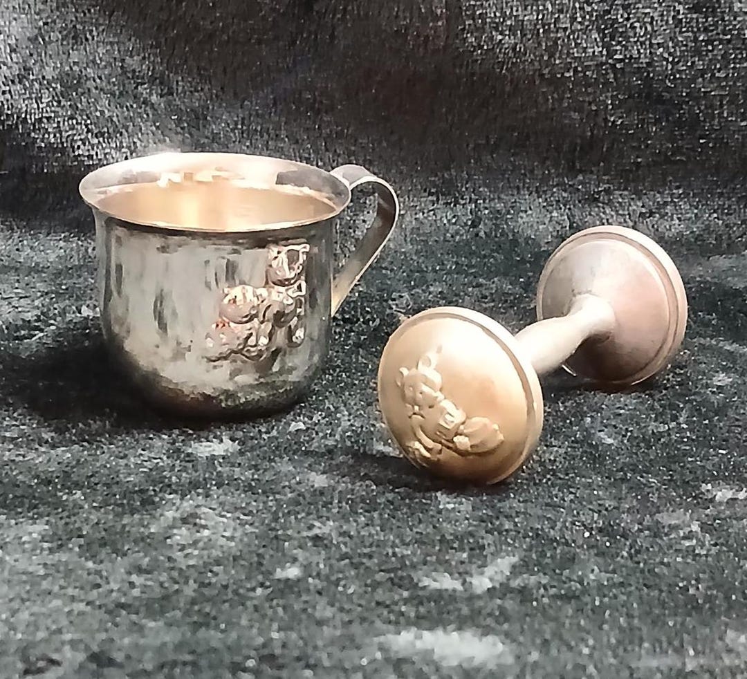 Vintage Silver Plated Baby Cup and Godinger Rattle ~ Teddy Bear Theme ...