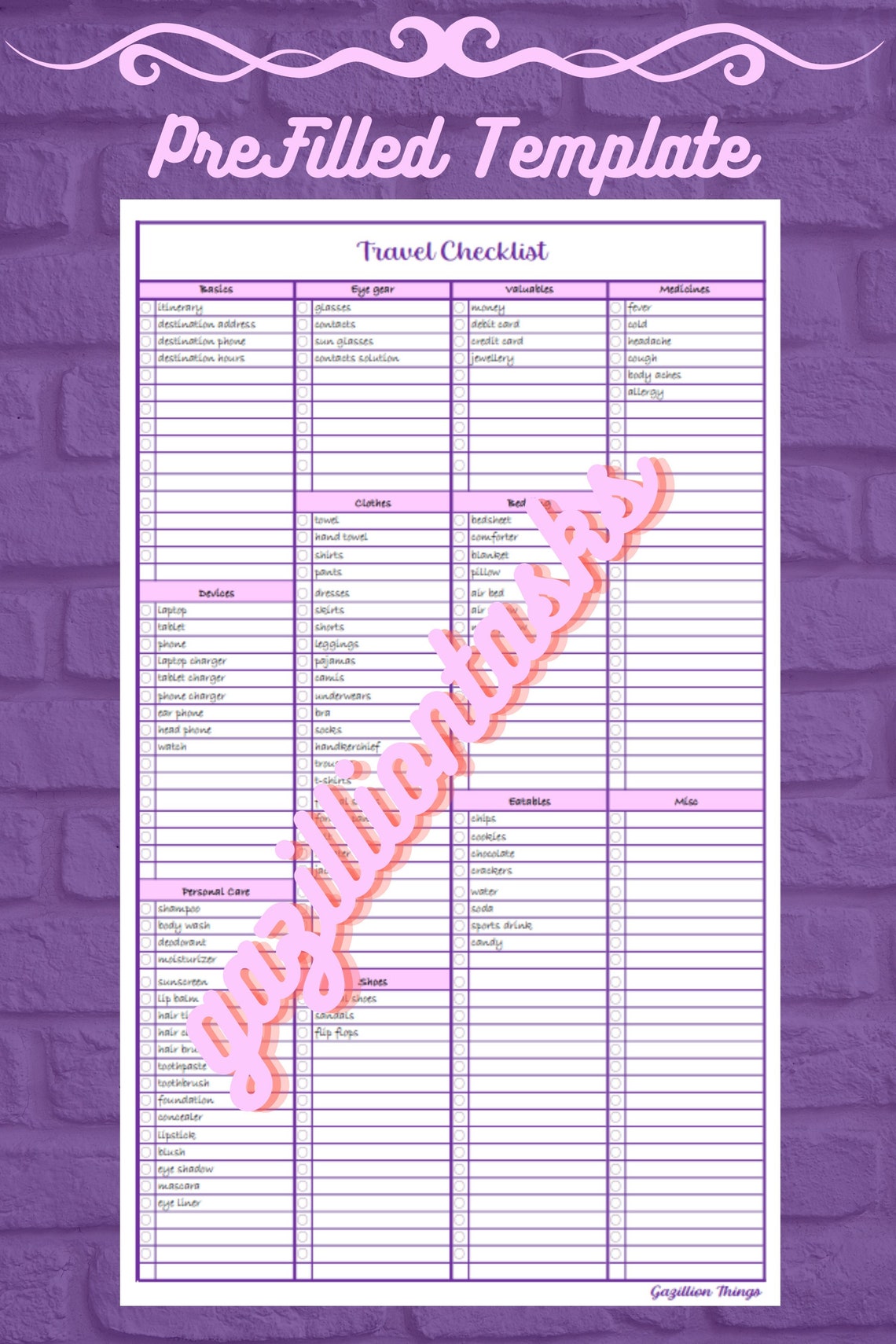 Travel Checklist Planner Template PDF Printable - Etsy