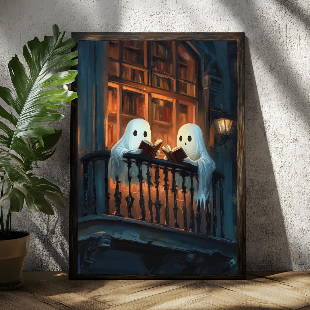 Ghost Library Art - Dark Academia Poster - Cute Reading Ghosts ...