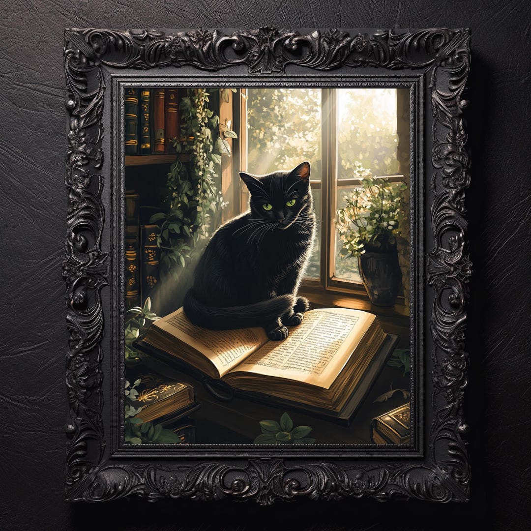 Black Cat in Library Wall Art, Whimsigoth Cat Poster, Witchy ...