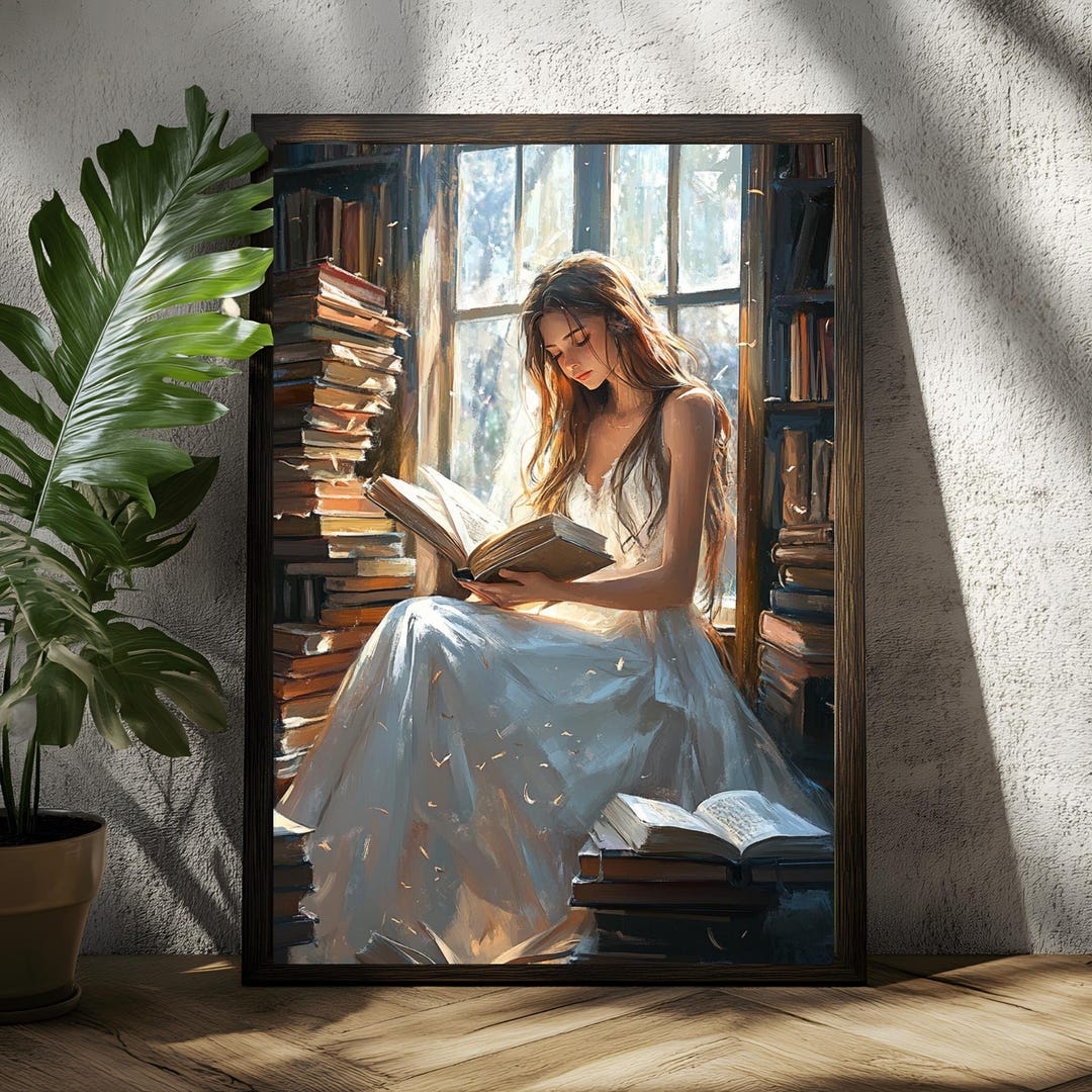 Victorian Woman Reading Poster, Dark Academia Library Art Print, Moody ...