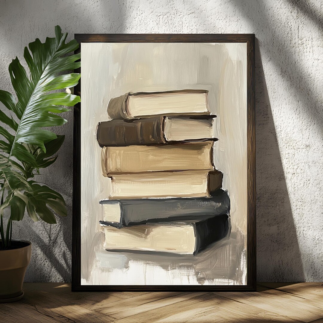 Vintage Book Stack Poster, Oil Painting Library Art Print, Textured ...