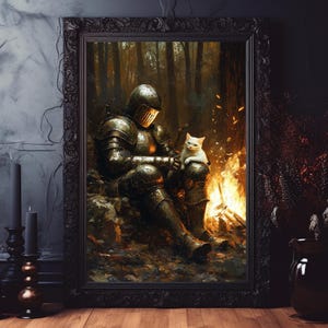 Medieval Knight & Kitten Art - Physical Fantasy Campfire Print ...