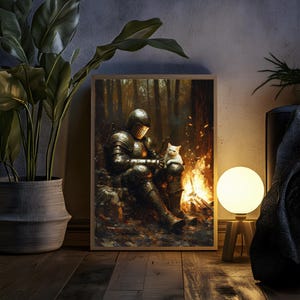 Medieval Knight & Kitten Art - Physical Fantasy Campfire Print ...