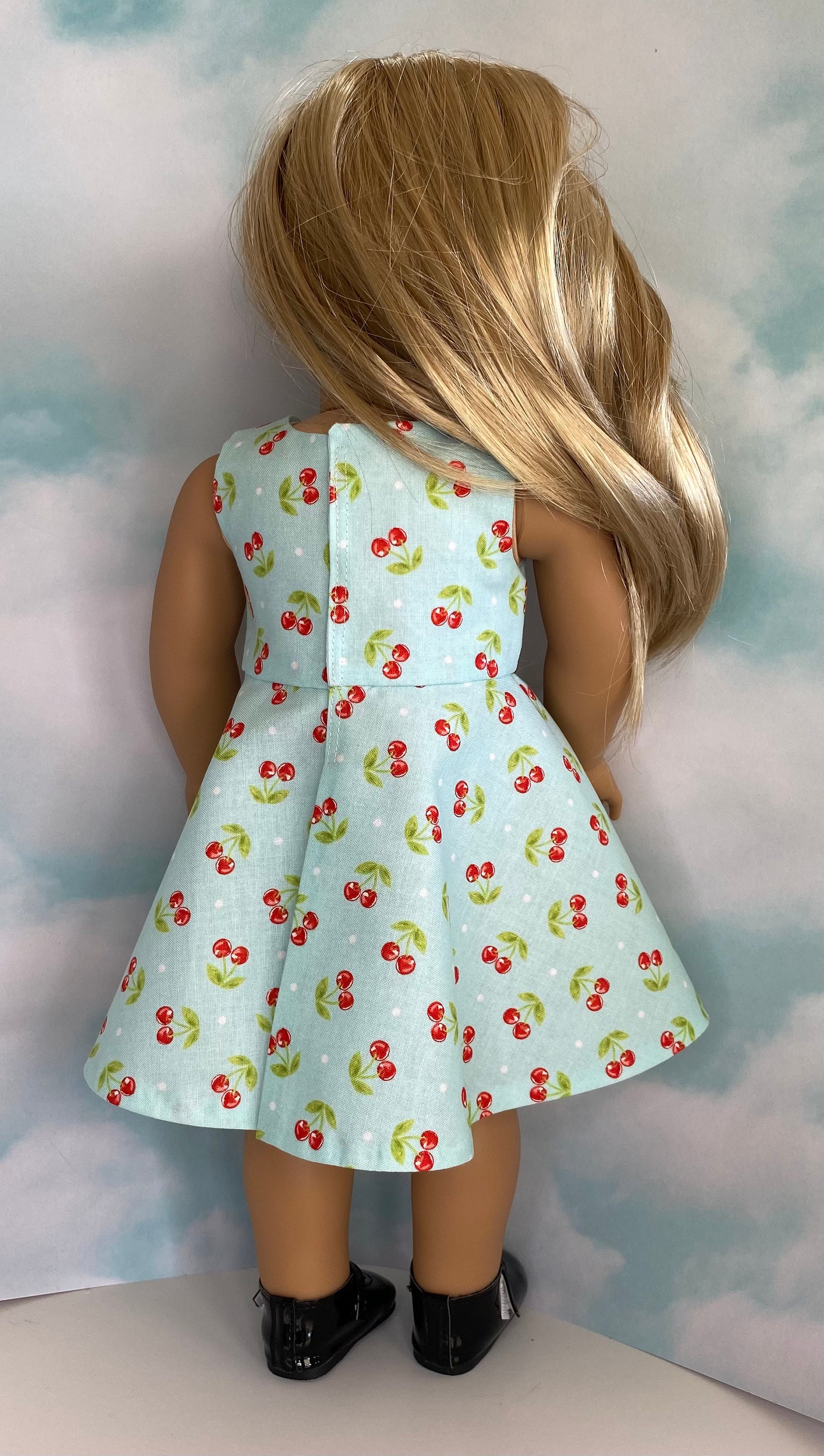 18 Inch Doll Dress Small Cherry Print on Aqua Fabric. Designed and Made ...
